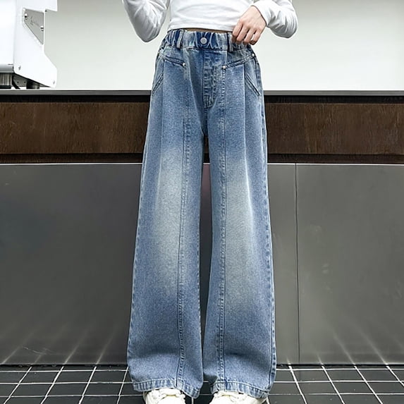 Tawop Girls Jeans High Rise Loose Elastic Waistband Straight Leg Cotton ...