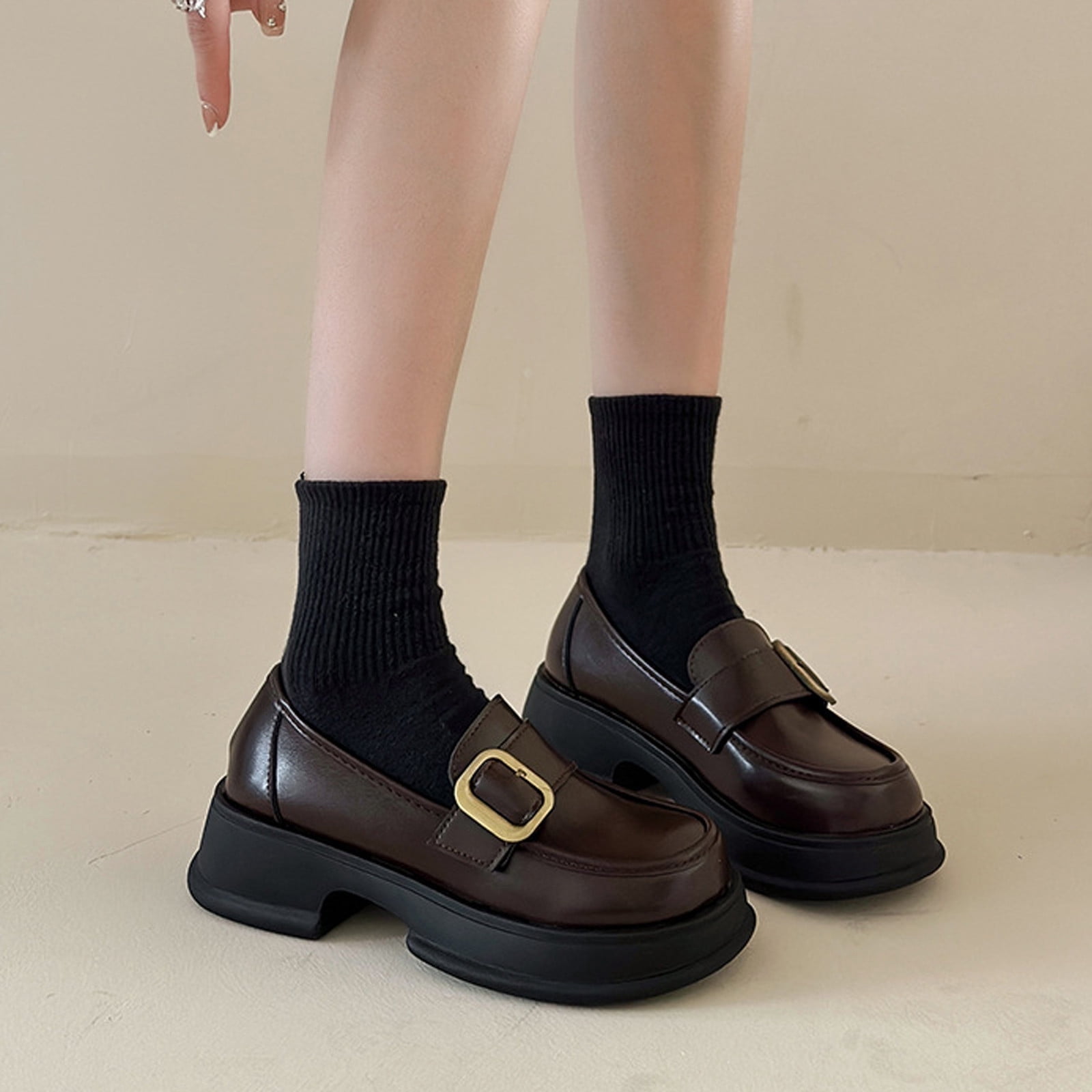 Tawop Mary Jane Shoes for Women PU Chunky Heel Side Buckle Fall Shoes ...