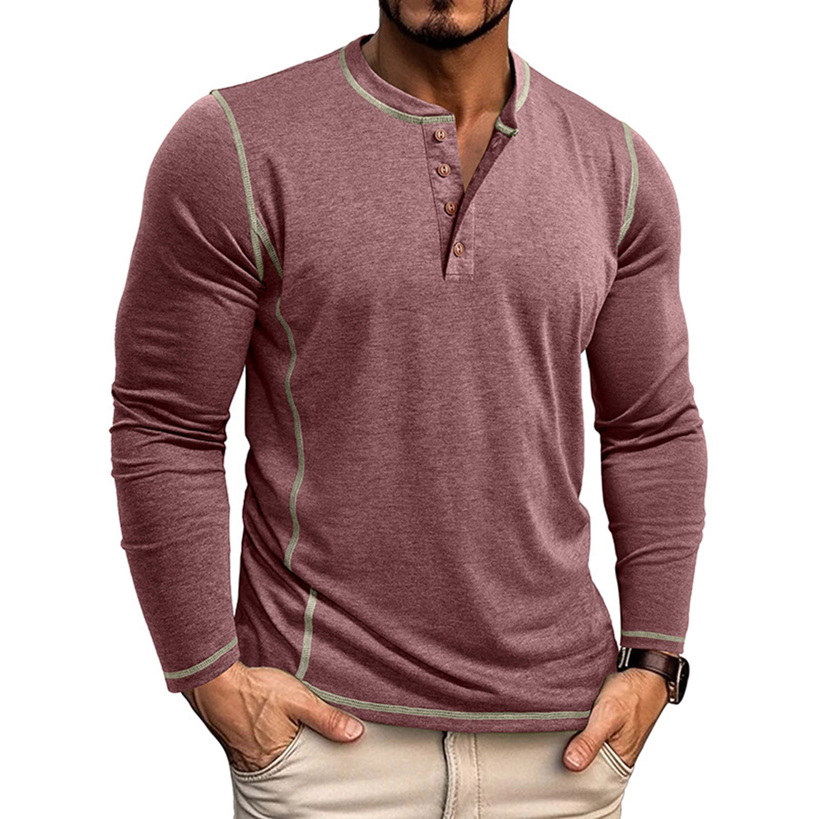 Tawop Mens Tshirts Crew Neck Long Sleeve Solid Buttons Casual Red L ...