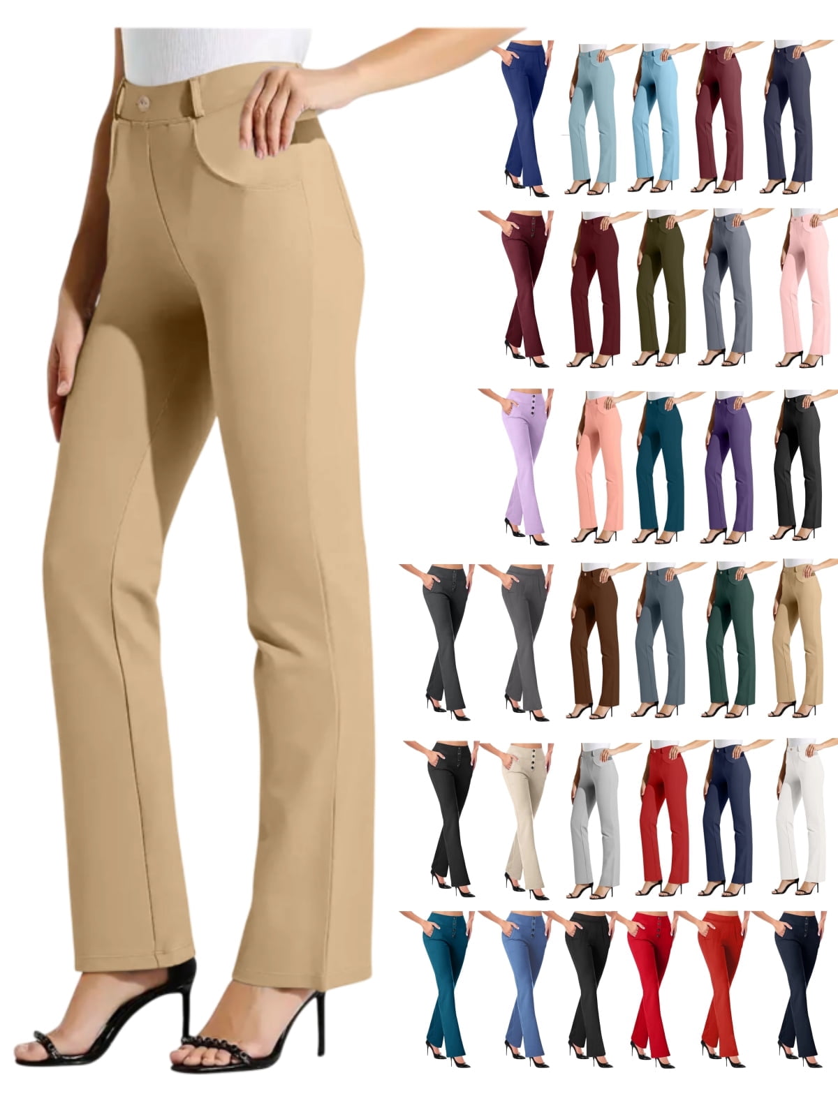 Tawop Women's Dress Pants, Elastic Waist, Pull On, Pockets, Straight ...