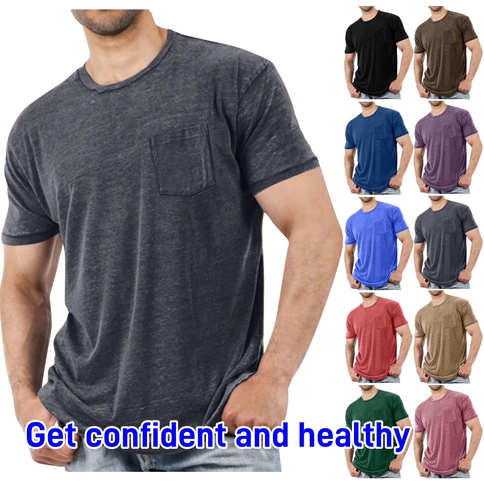 Tawop Mens Shirts Tees Short Sleeve Crew Neck Cotton Pockets Sport Business Men's T-Shirts Gray ...