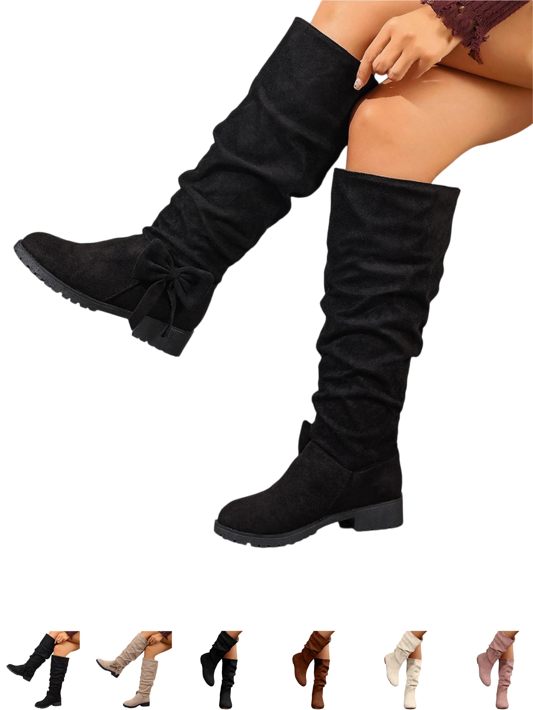 Tawop Women Boots Fashion Casual Winter Tall Boots Solid Color Bow ...
