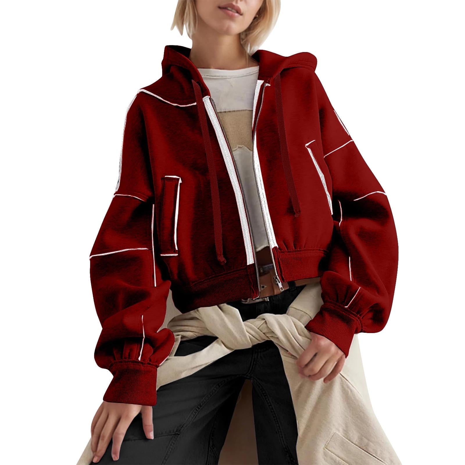 Tawop Women Fall Jacket Bomber Cropped Solid Color Hooded Long Sleeve ...