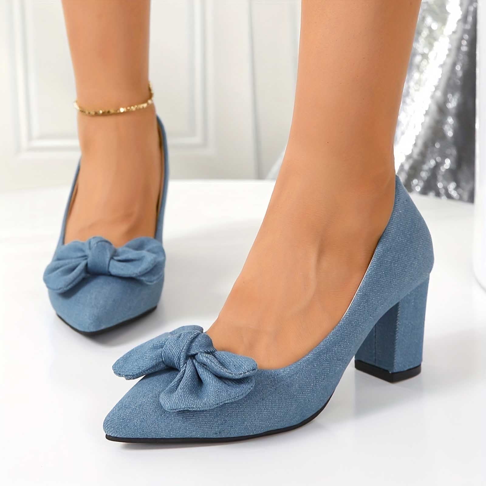 Tawop Women Shoes Shoes Clearance Pointy Toe Bow Chunky High Heels Blue ...