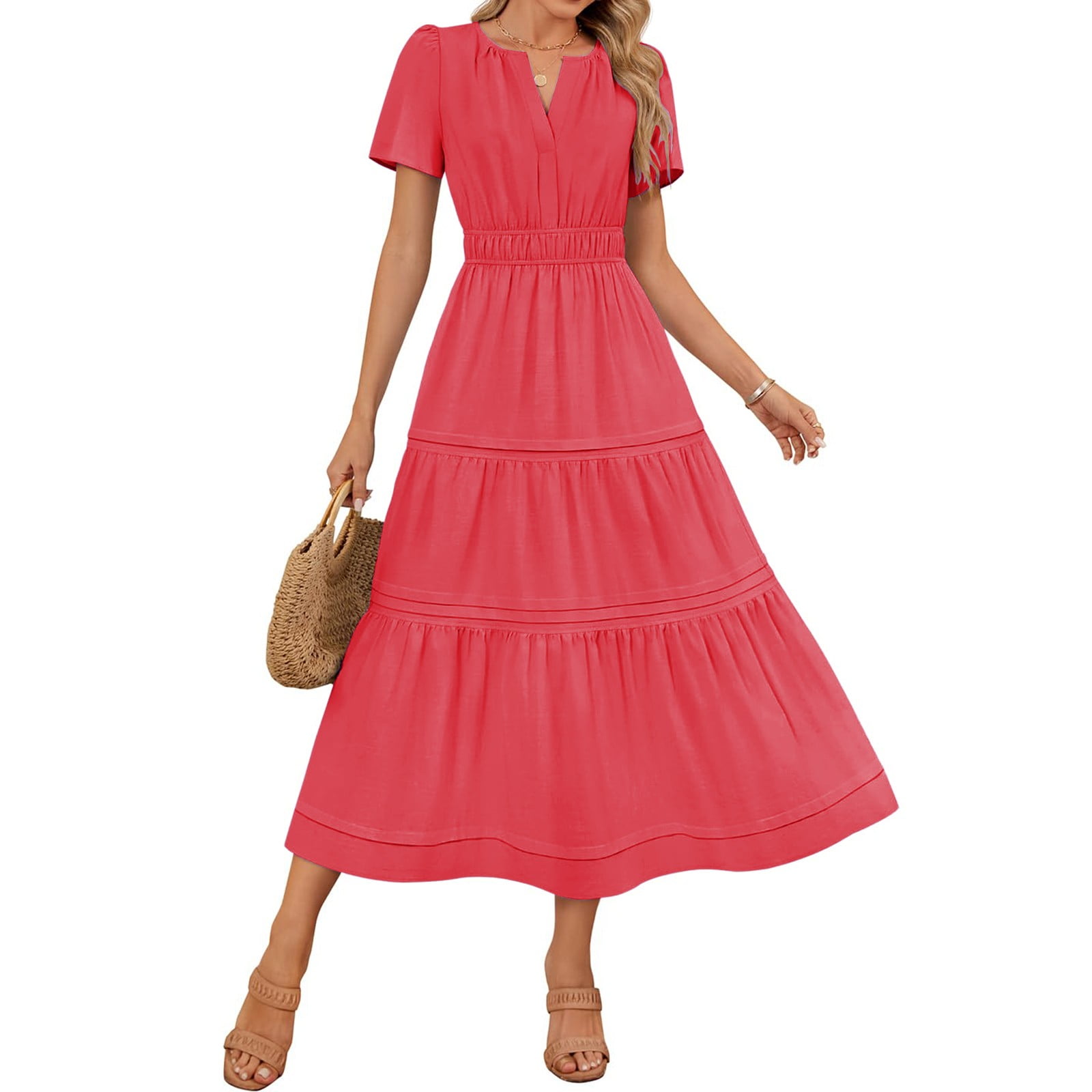 Tawop Women's Dresses Boho Maxi Beach Midi V Neck Solid Short Sleeve ...