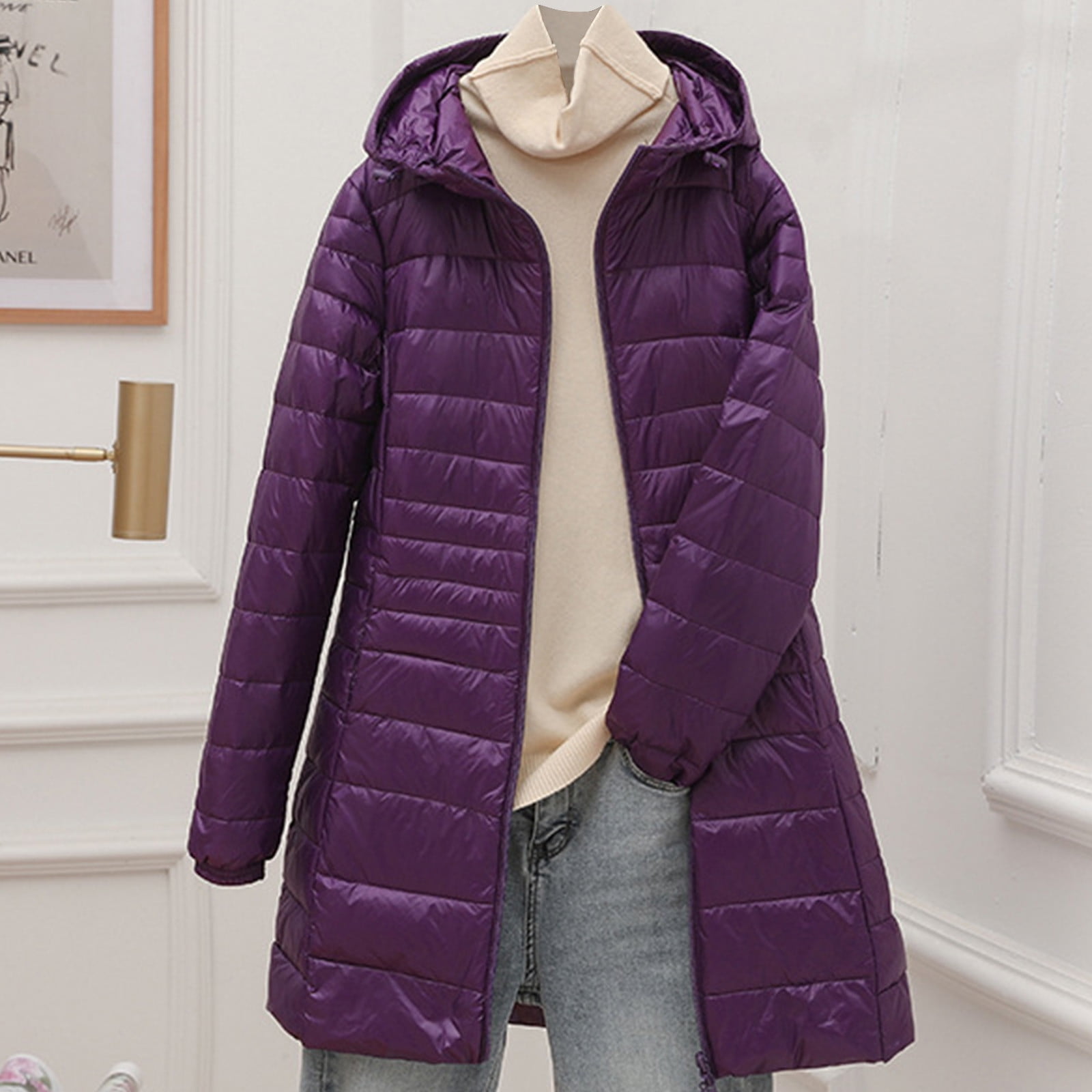 Tawop Womens Coats Overcoat Long Solid Color Hooded Long Sleeve Zipper ...