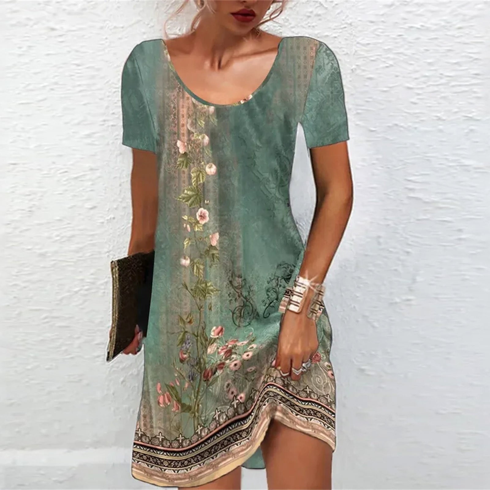 Taowp Womens Dresses Fashion Print Short Sleeve Pullover Dress Green ...