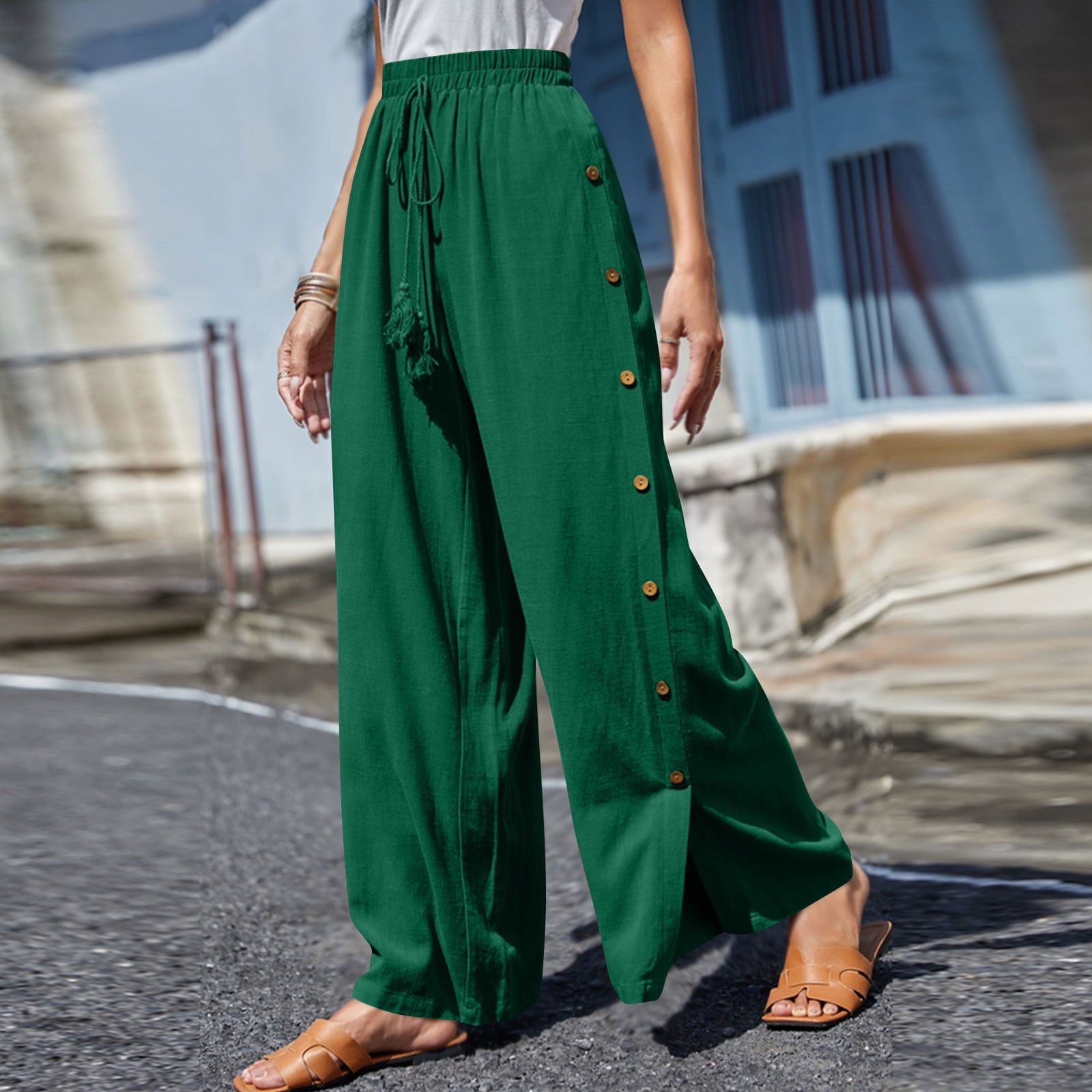 Tawop Womens Spring Pants Printed Wide Leg Casual Lounge Straight Leg Baggy Daily Floral Green