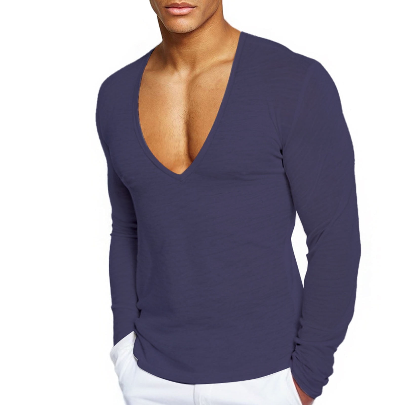 Tawop Workout Shirts for Men Deep V Neck Long Sleeve Pullovers Deep V ...