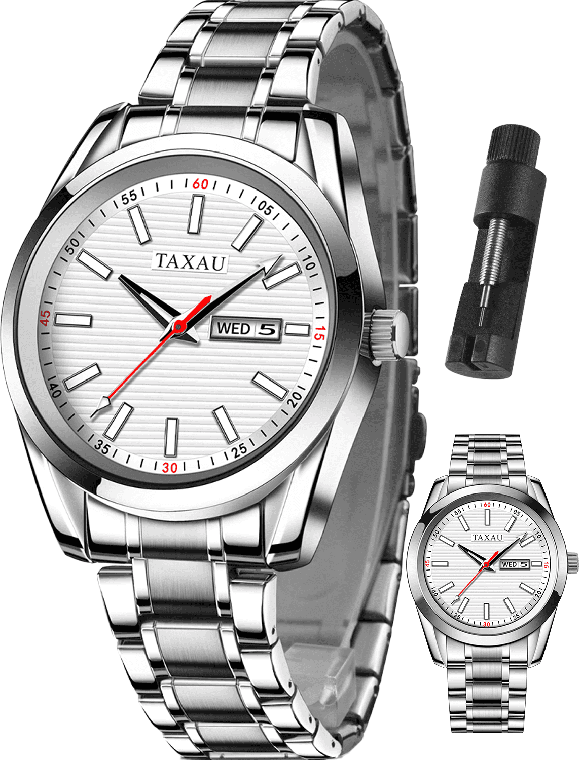 TAXAU Men's Analog Quartz Watch, Minimalist White Dial, Silver ...