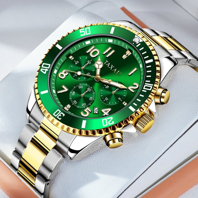 Taxau Gold Silver Stainless Steel Watches for Men Watch Men Big Green ...