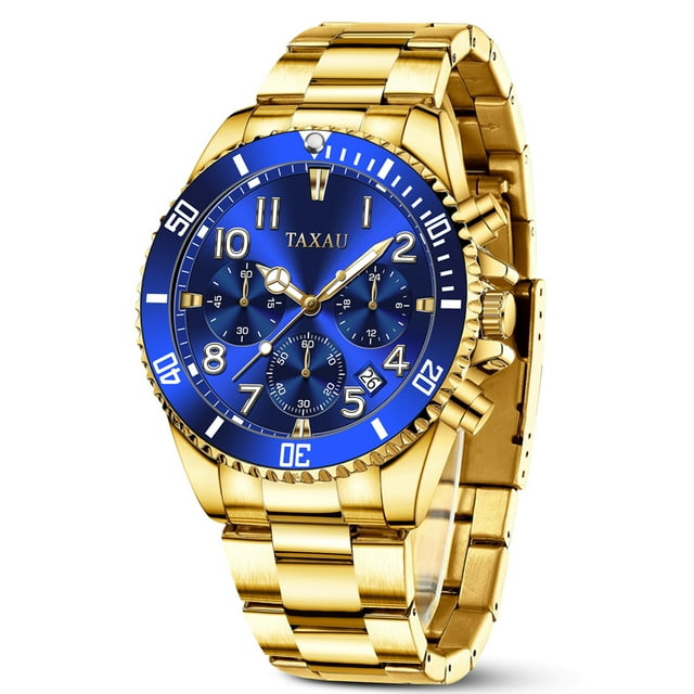 Taxau Gold Stainless Steel Watches for Men Watch Men Big Blue Face ...