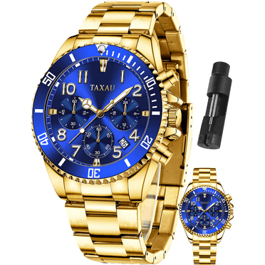 OLEVS Men's Blue Watch: Luxury Gold and Silver Stainless Steel ...