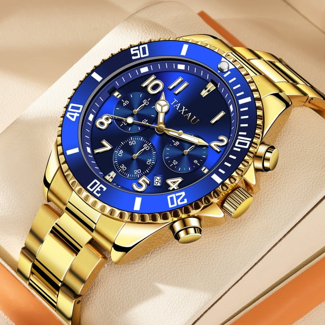 Taxau Gold Stainless Steel Watches for Men Watch Men Big Blue Face ...
