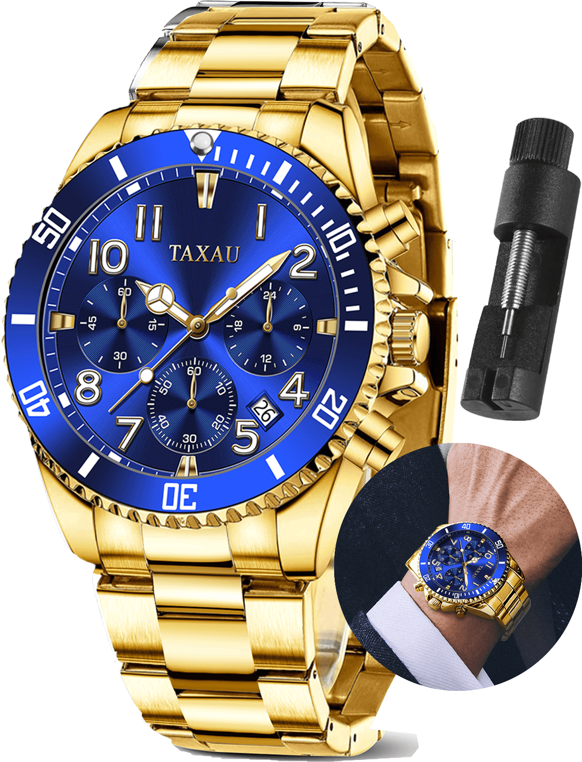 Taxau Gold Stainless Steel Watches for Men Watch Men Big Blue Face ...