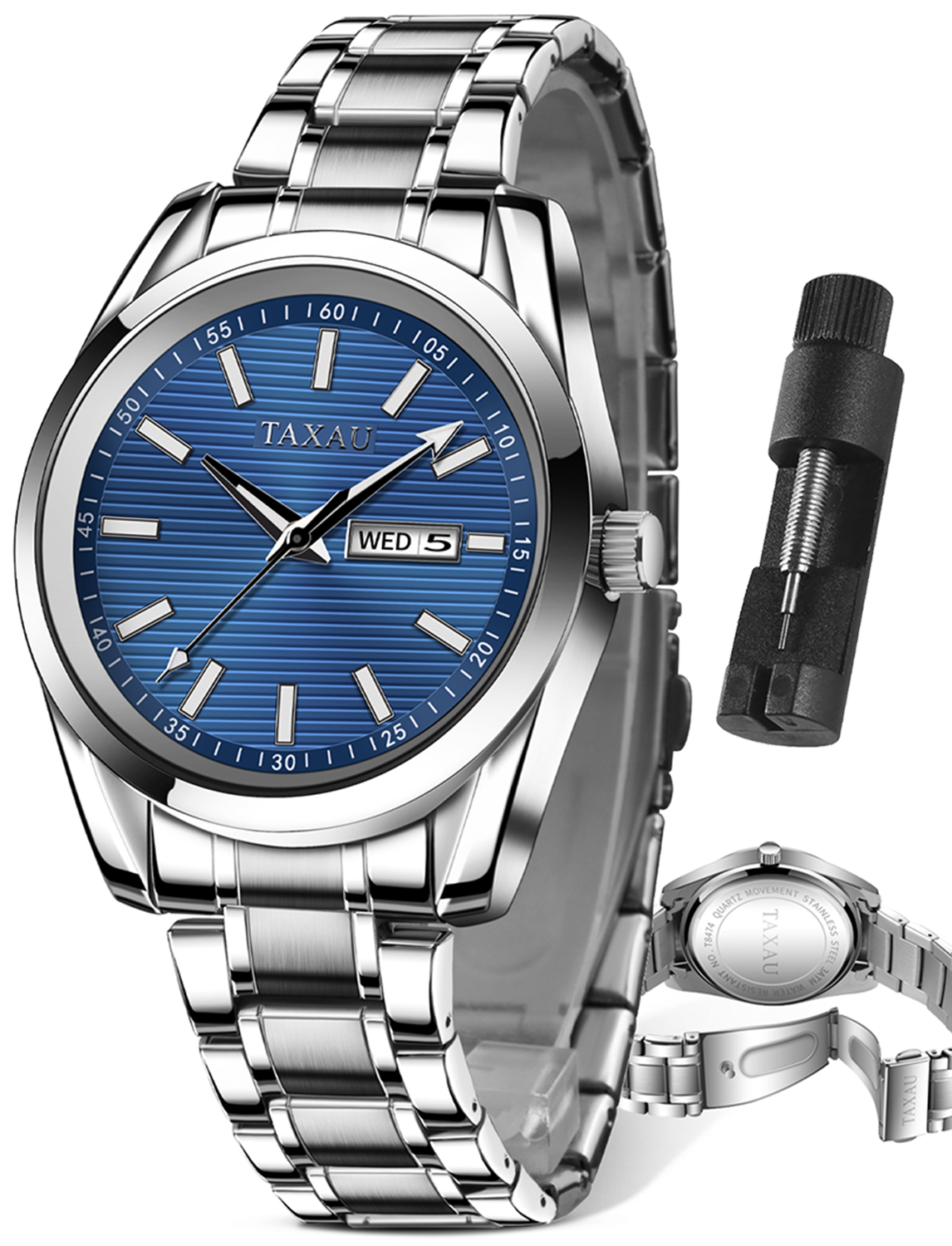 Taxau Men's Watches With Sliver Stainless Steel Band Fashion Blue Dial ...