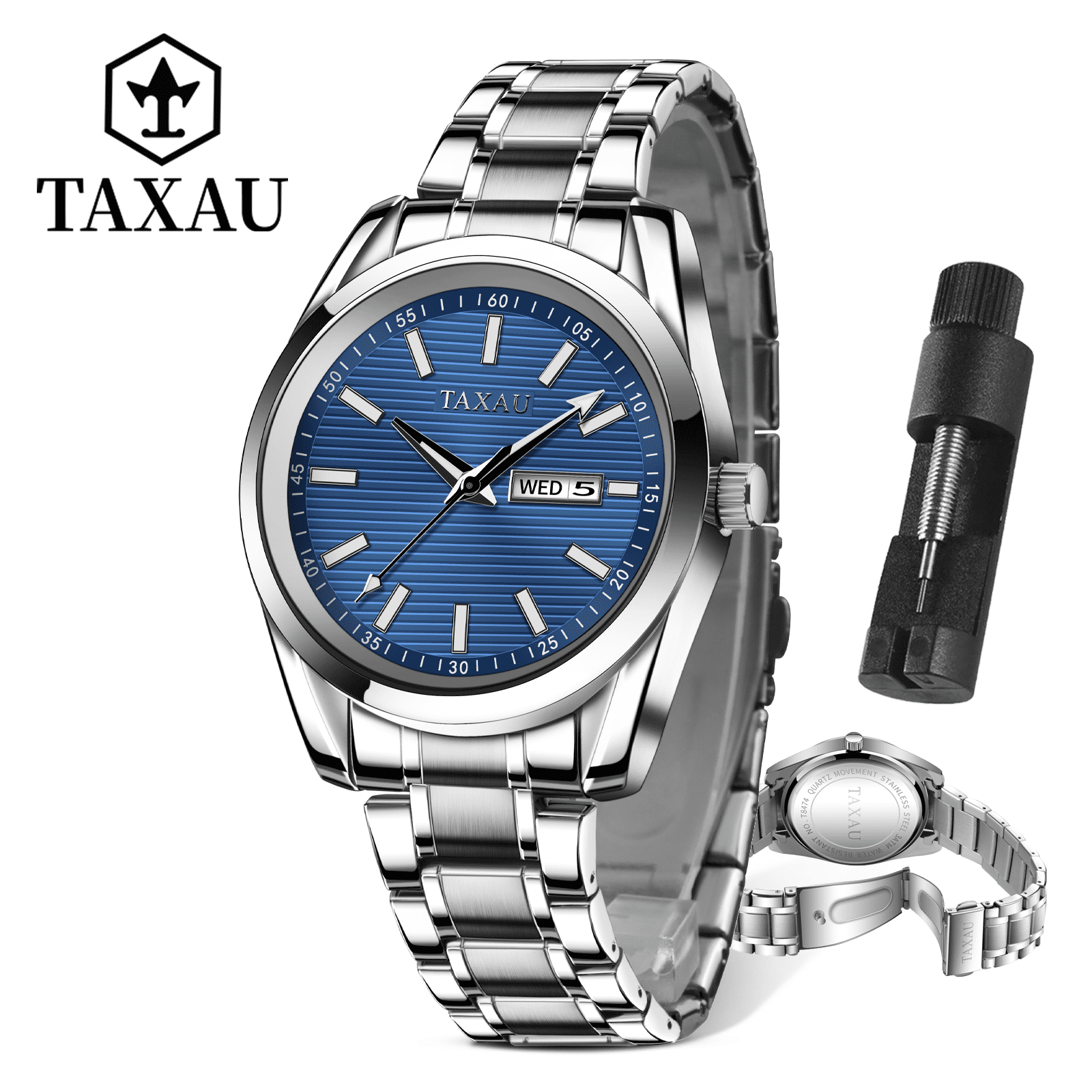 Taxau Men's Watches With Sliver Stainless Steel Band Fashion Blue Dial ...