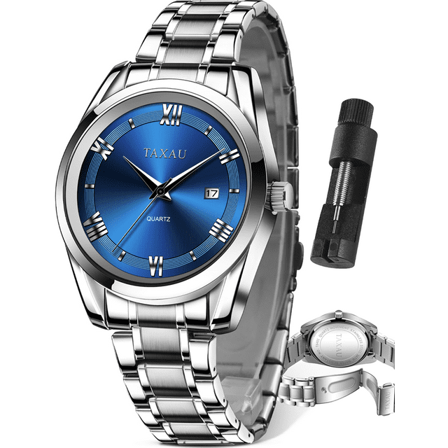 Taxau Mens Sliver Stainless Steel Band Watches Fancy Blue Face Watches ...