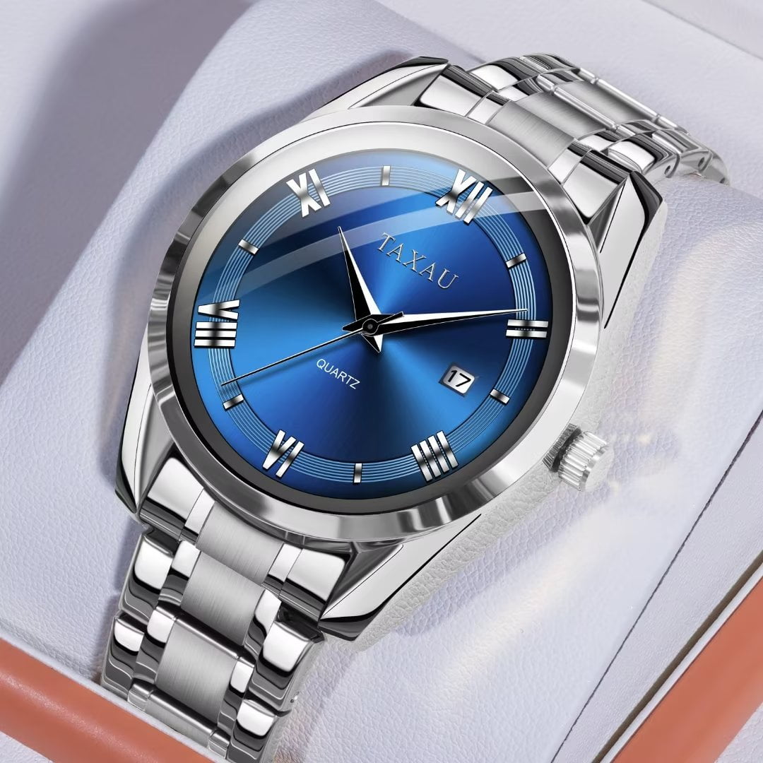 Taxau Mens Sliver Stainless Steel Band Watches Fancy Blue Face Watches ...