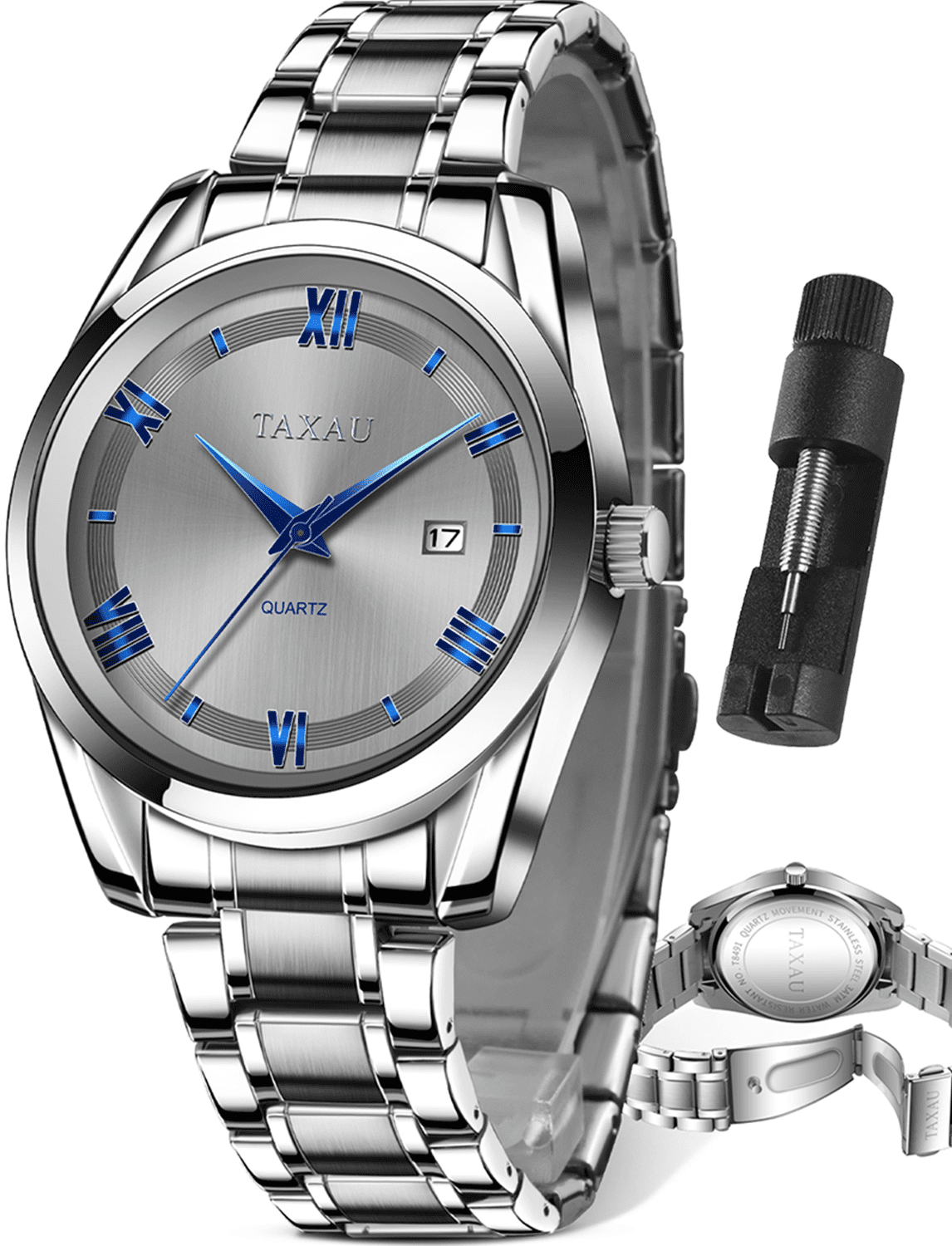 Taxau Mens Sliver Watches Analog Quartz Watch For Men Fashion Grey Dial ...