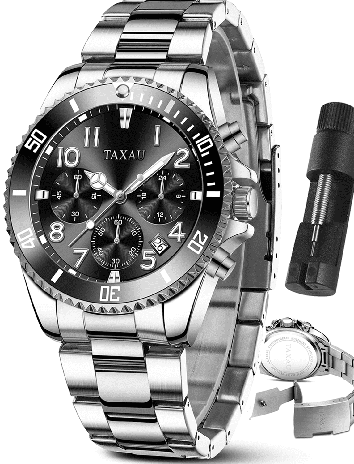 Taxau Silver Stainless Steel Watches for Men Watch Men Big Black Face ...