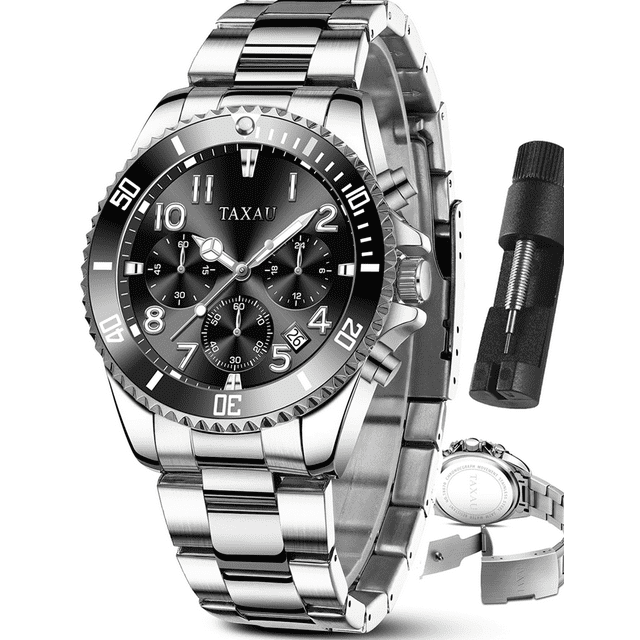 Taxau Silver Stainless Steel Watches for Men Watch Men Big Black Face ...
