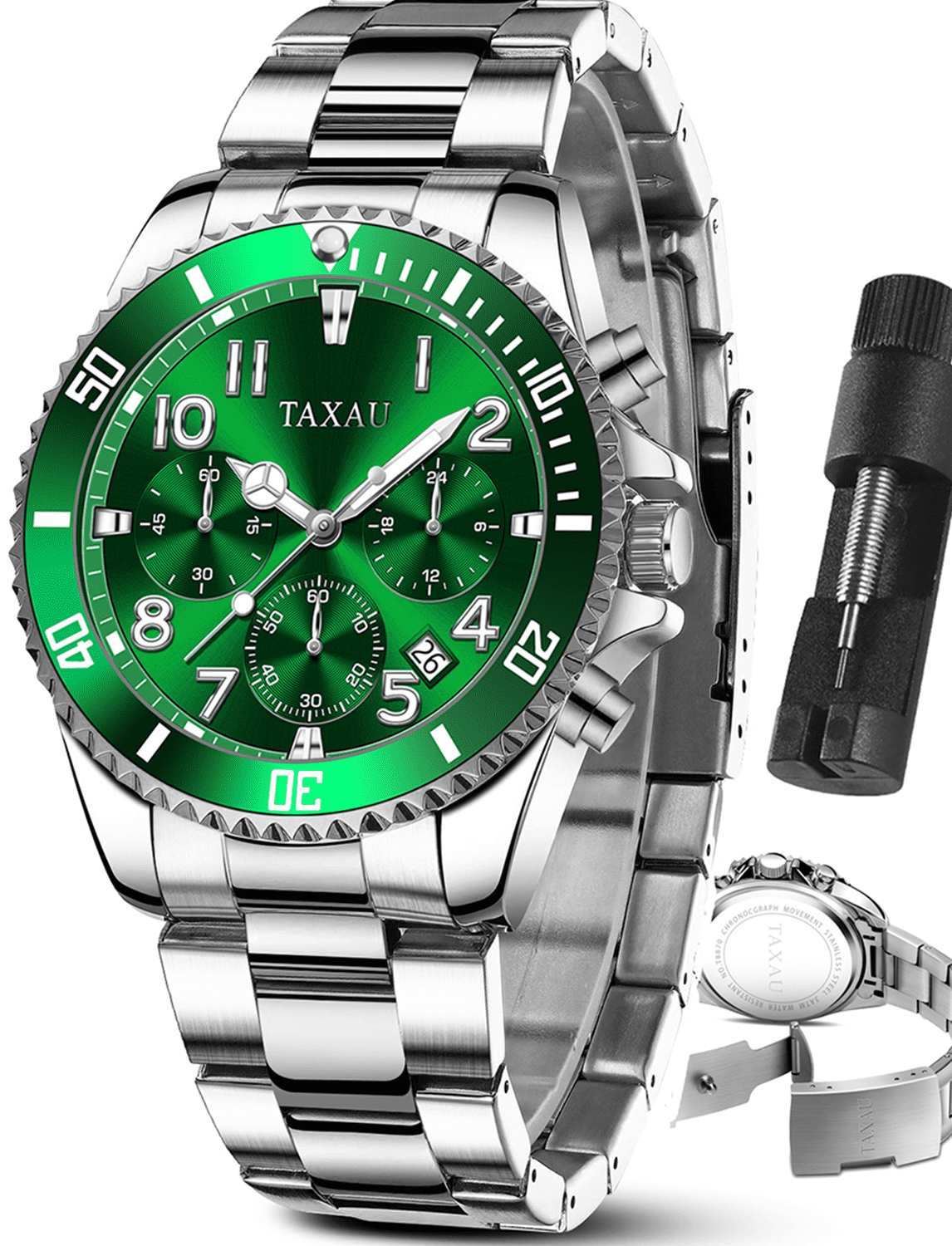 Taxau Silver Stainless Steel Watches for Men Watch Men Big Green Face ...