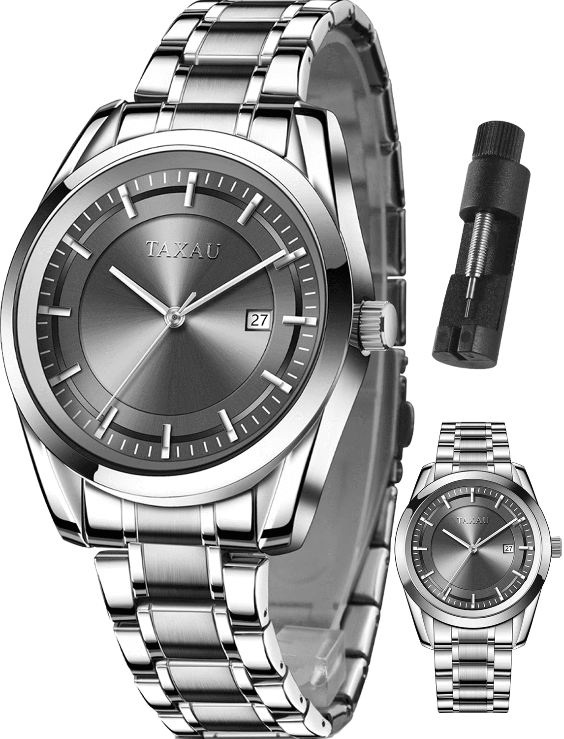 Taxau Sliver Stainless Steel Watch For Men Classic Analog Quartz Mens ...