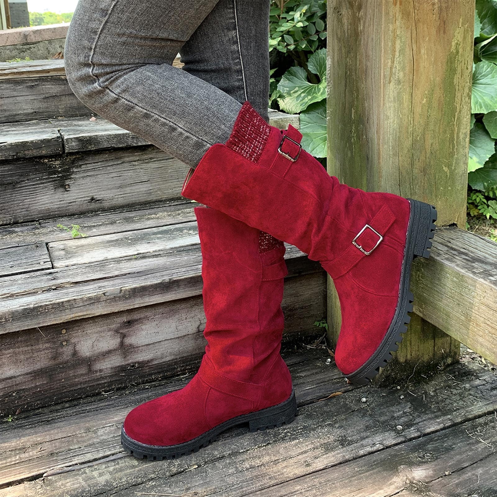Taylonsss Women's Double Buckle Round Toe Mid Heel Mid Calf Boots with ...