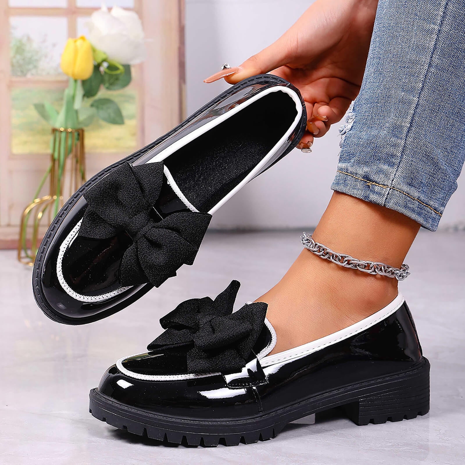 Taylonsss Women's Plus Size British Style Slip-On Loafers with Thick ...