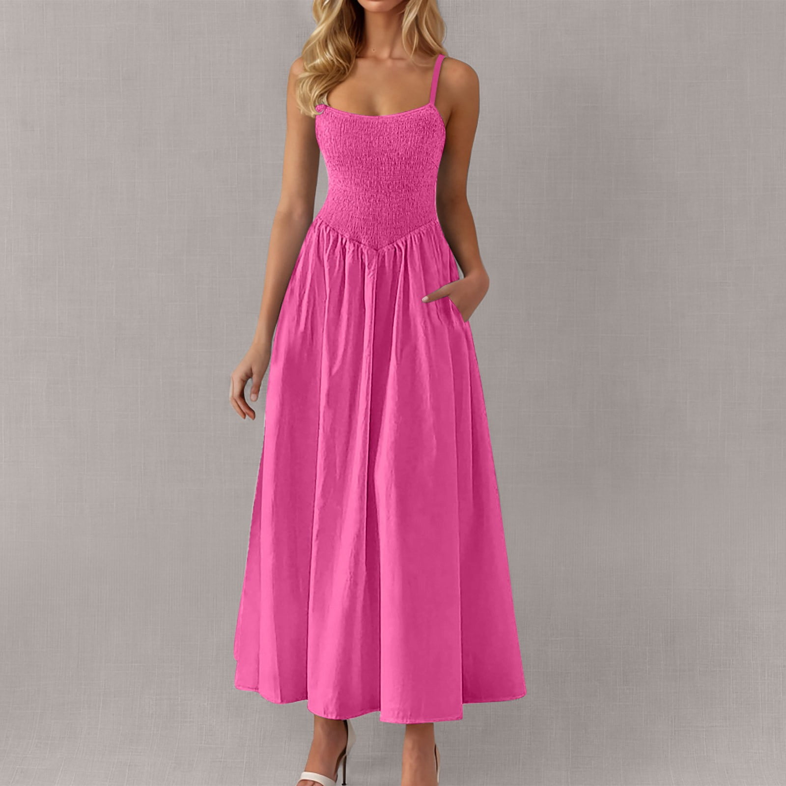 Taylonsss Womens Summer Dress Solid Color Thin Straps Pleated Tank Top ...