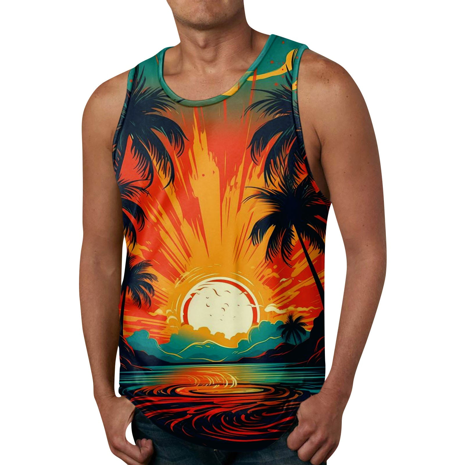 Taymeis Mens Hawaiian Tank Top Tropical Palm Tree Print Sleeveless Beach Shirts for Men Summer ...