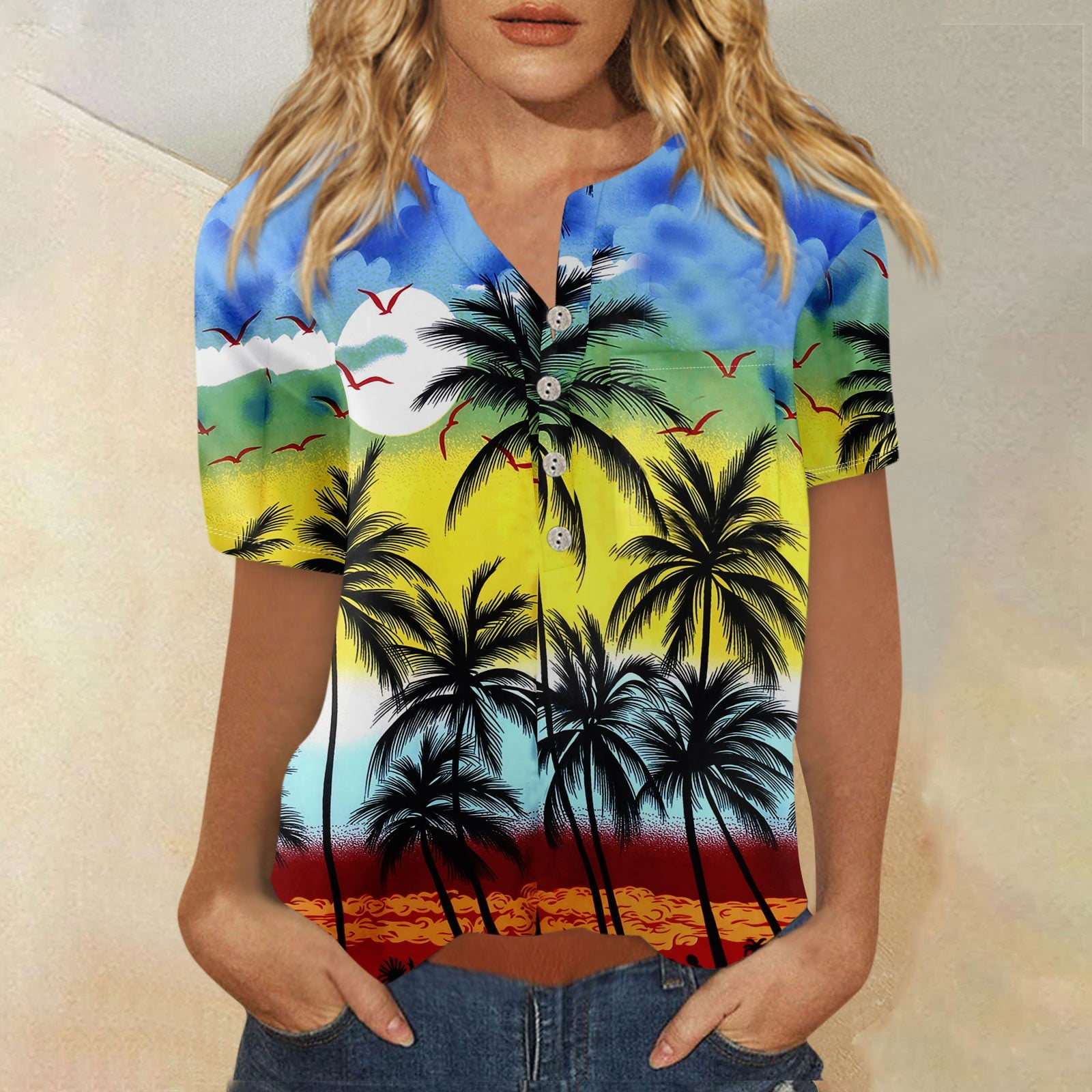 Taymeis Summer Blouses For Women 2024 Hawaiian Floral Pattern Button Down Henley Tops Casual