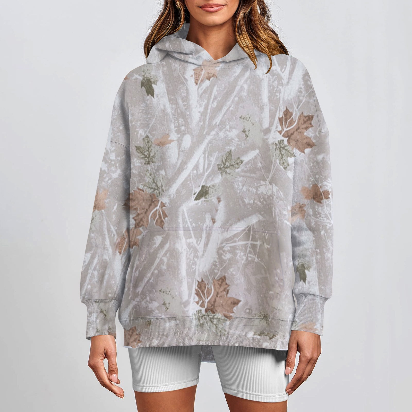 Taymeis Womens Camo Hoodie Maple Leaf Print Oversized Sweatshirt