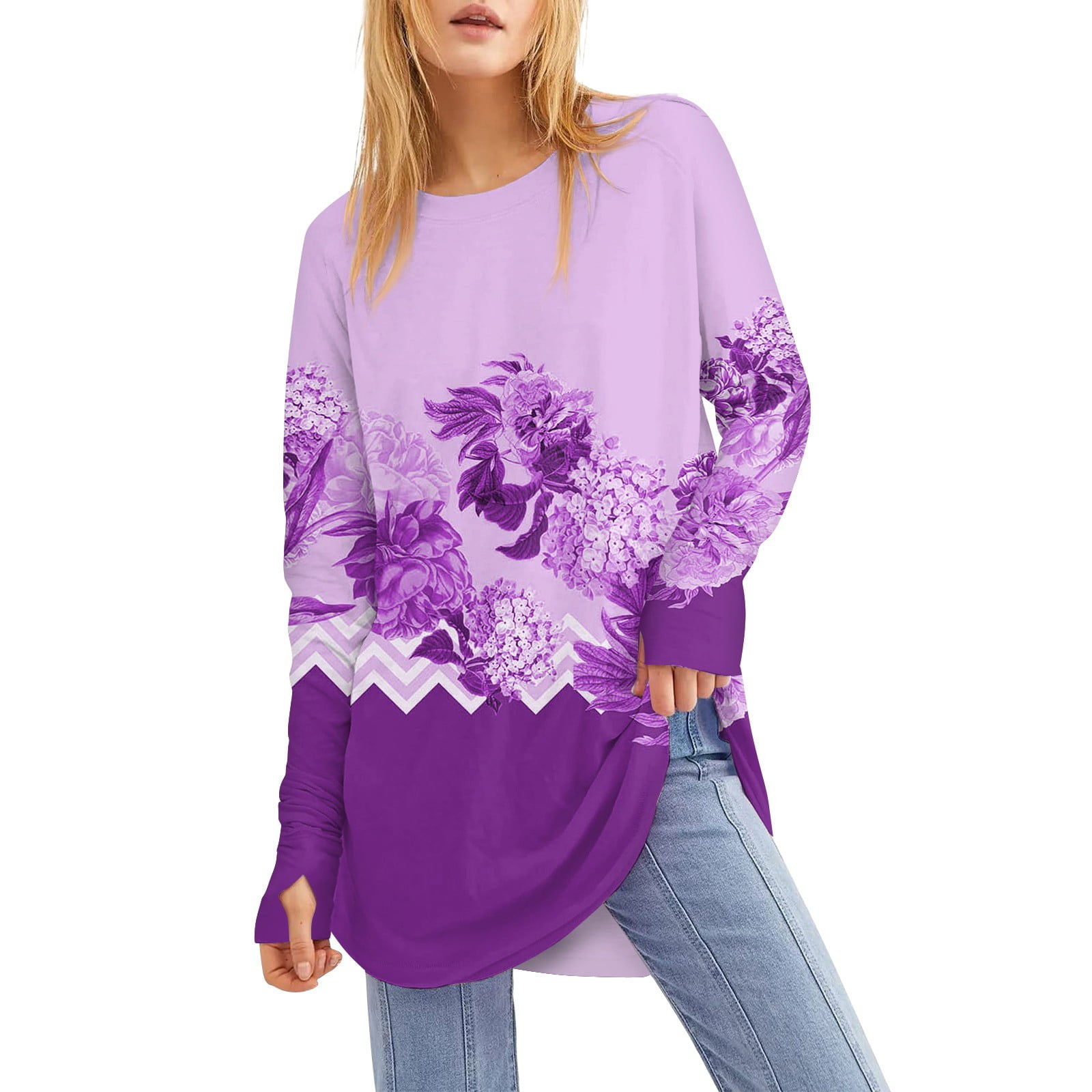 Taymeis Womens Plus Size Tunic Tops Floral Print Long Sleeve T Shirts Casual Fashion Crew Neck