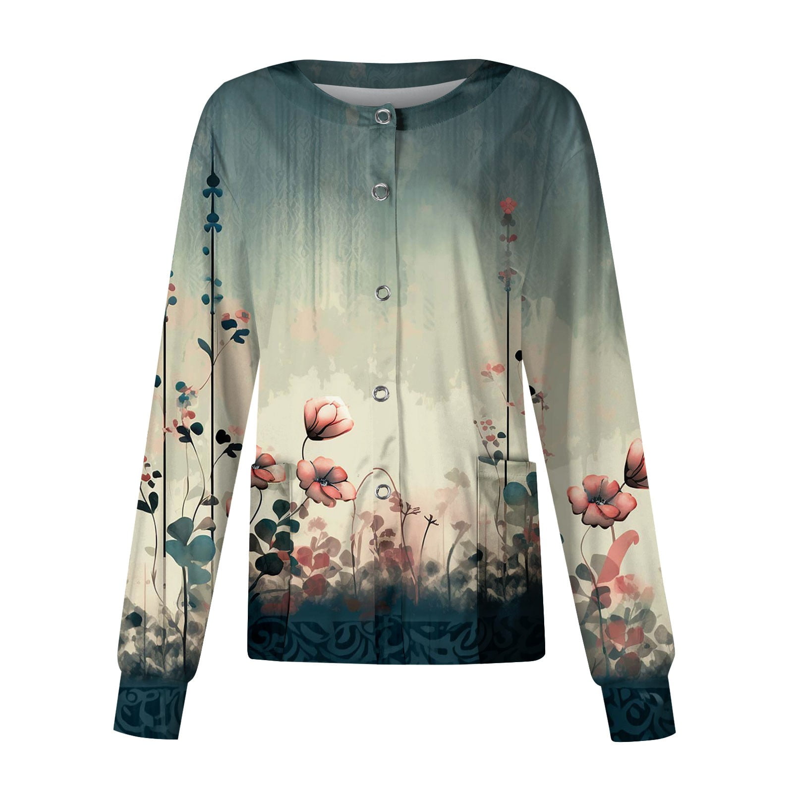 Taymeis Womens Scrub Jacket Floral Printed Working Nurse Uniforms Snap ...