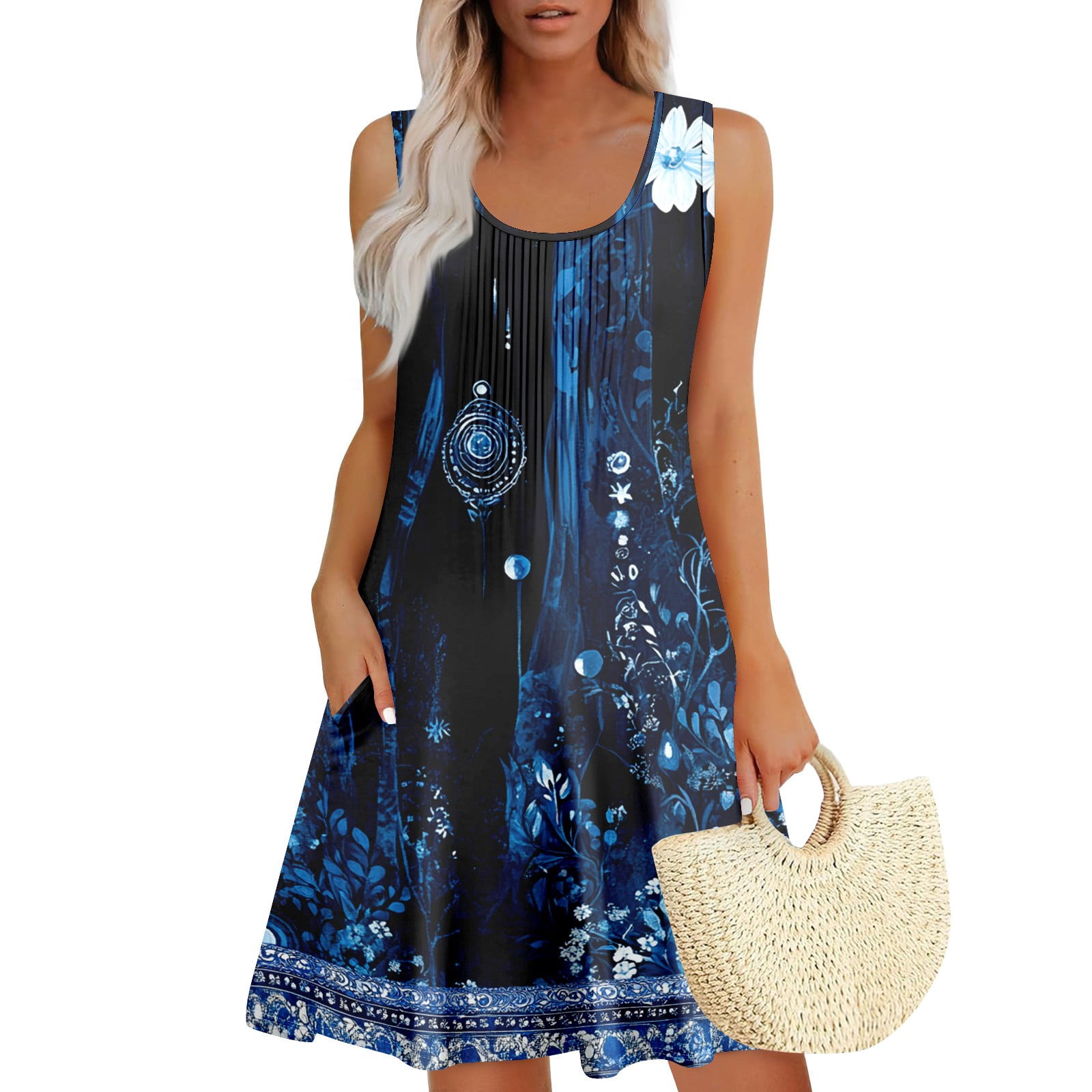 Nokdvo Women Summer Dresses Casual Crew Neck Sun Dress with Pockets ...