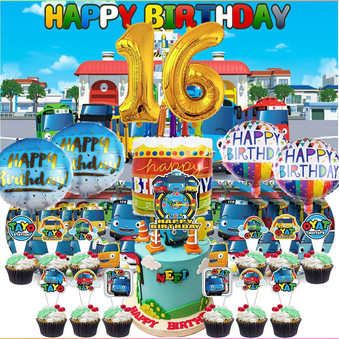 Tayo the Little Bus 16th Tableware Balloons Cake Toppers Backdrop ...