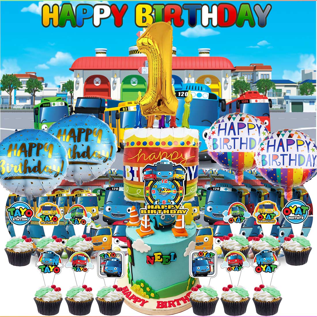 Tayo the Little Bus 1st Tableware Balloons Cake Toppers Backdrop Banner ...