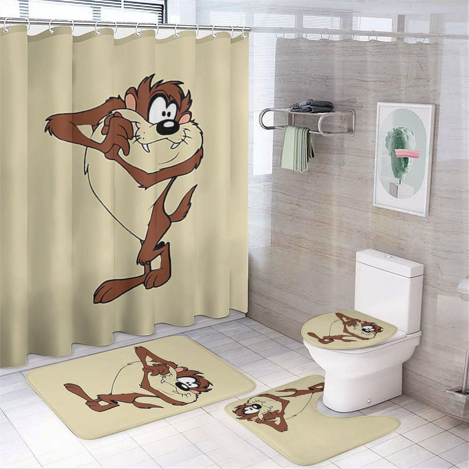 Taz Mania 4 Piece Shower Curtain Set with Non-Slip Rugs, Toilet Lid ...