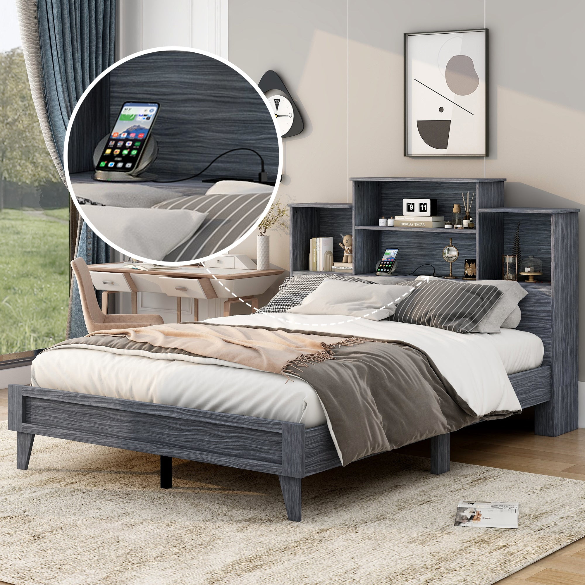 Taz Queen Size Platform Bed Frame with 4 Open Storage Shelves - Gray ...