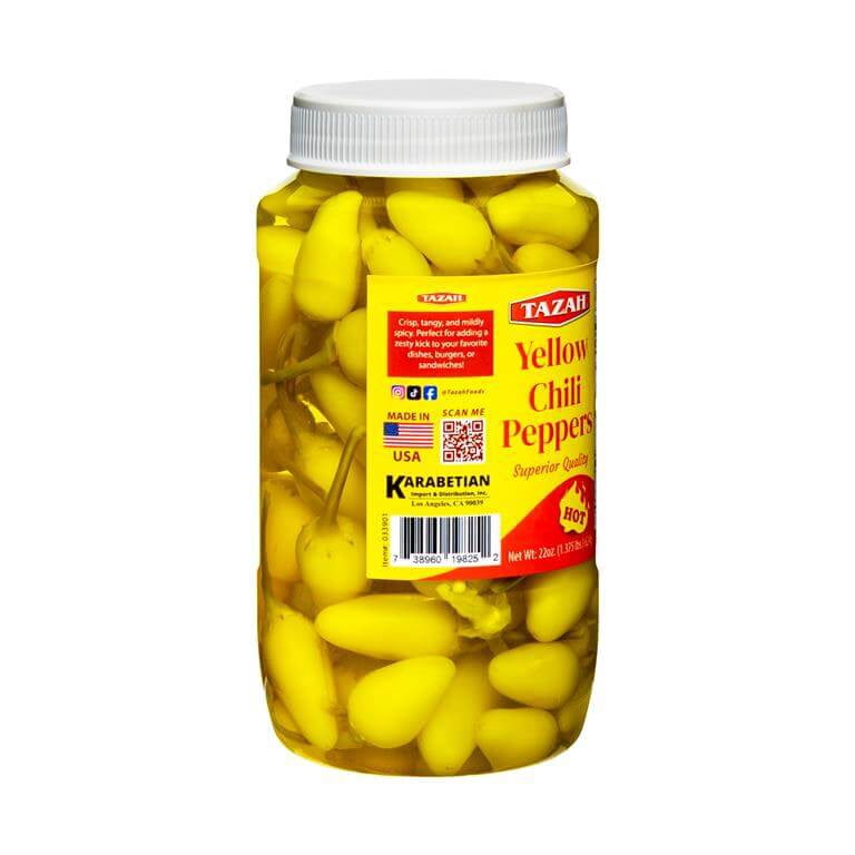 Tazah Pickled Hot Yellow Chili Peppers, 22oz Jar, Bold and Spicy Flavor ...