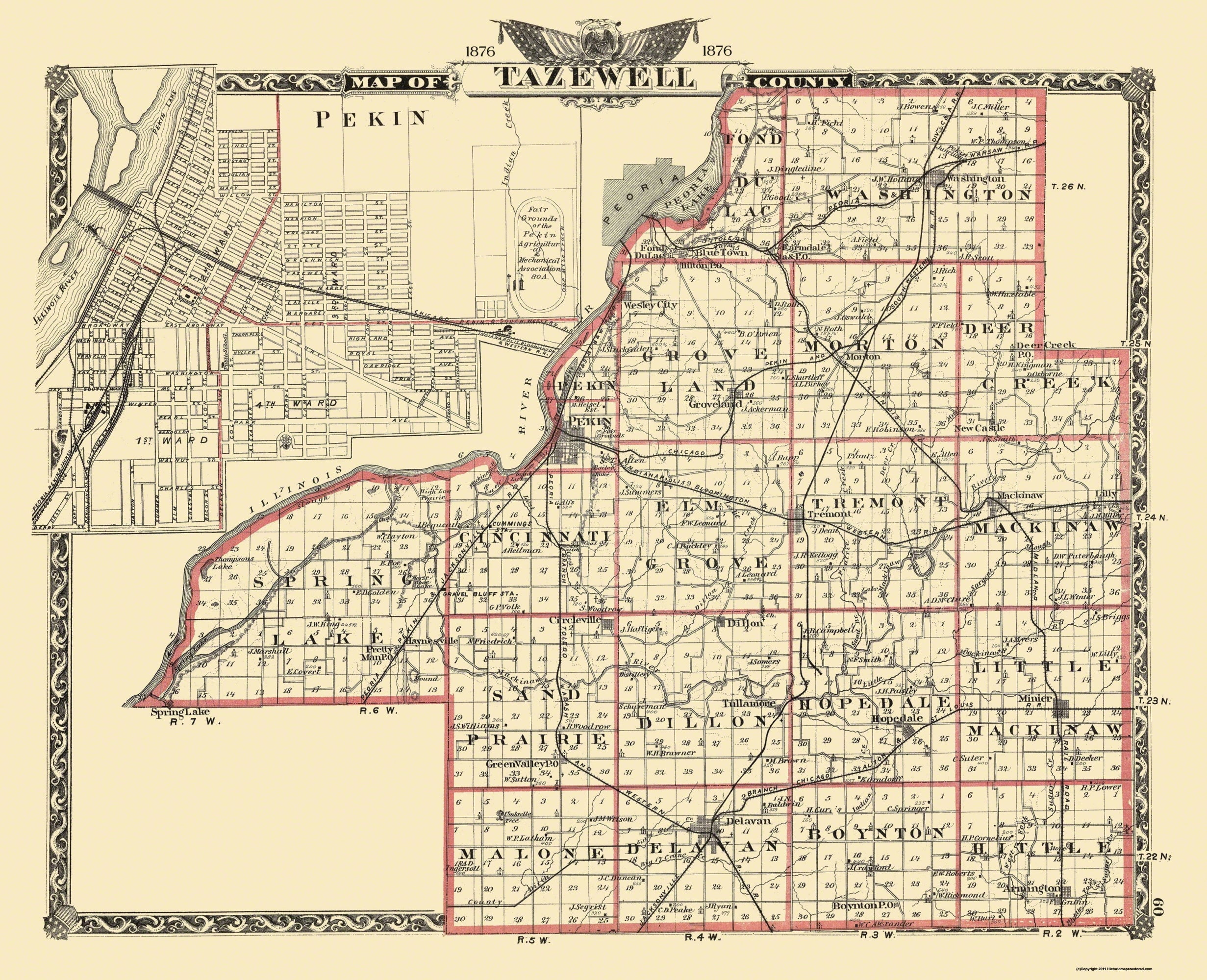 Historic County Map - Tazewell County Illinois - Warner 1876 - 28.31 x 23 - Vintage Wall Art ...