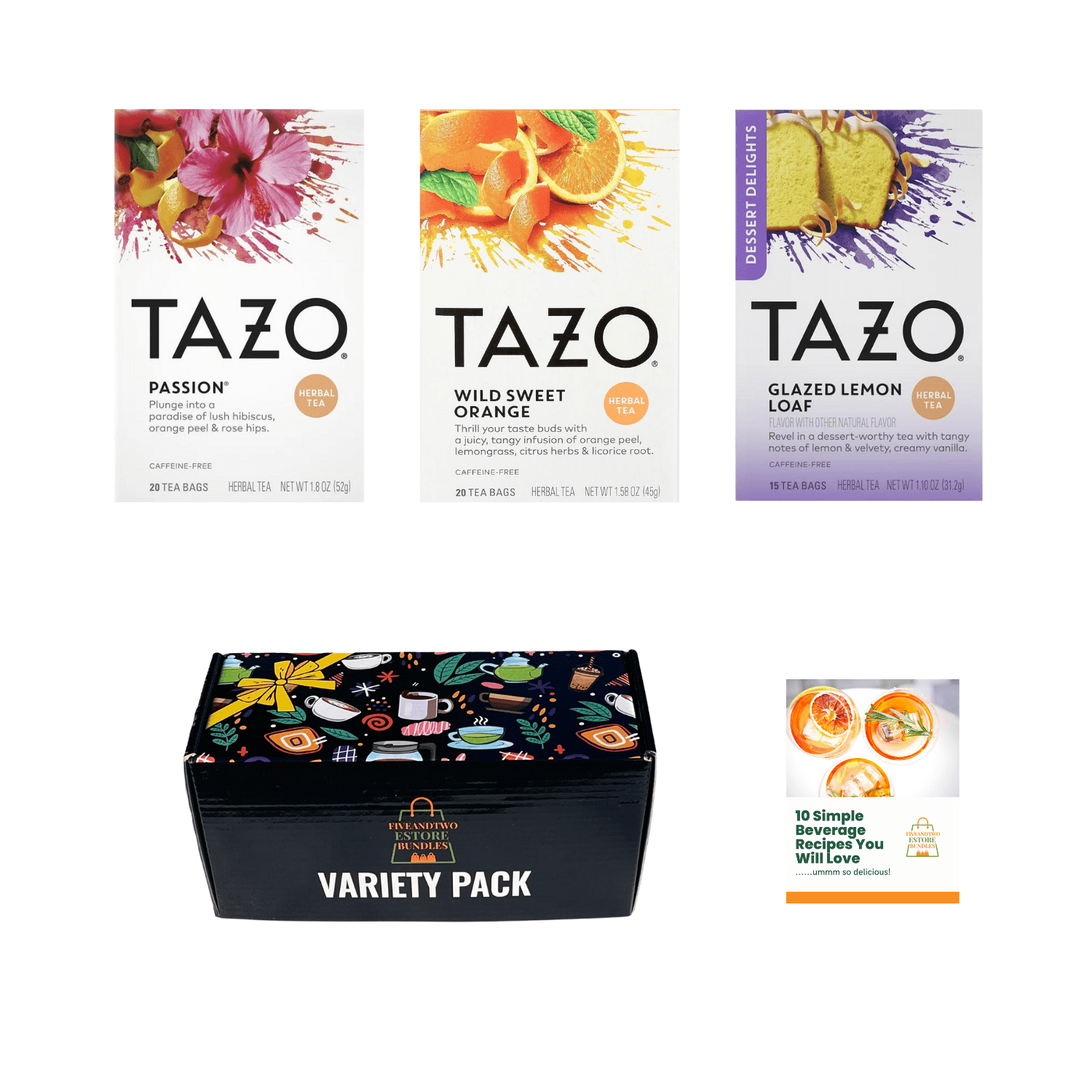 Tazo Passion(20ct),Wild Sweet Orange(20ct),Glazed Lemon Loaf(15ct) Herbal Tea Variety Set in ...