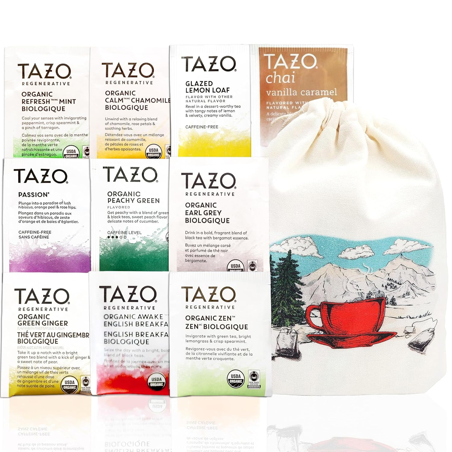 Tazo Tea Bags Sampler Variety Pack (30 Count) 10 Different Flavors with Handmade Cotton Pouch ...