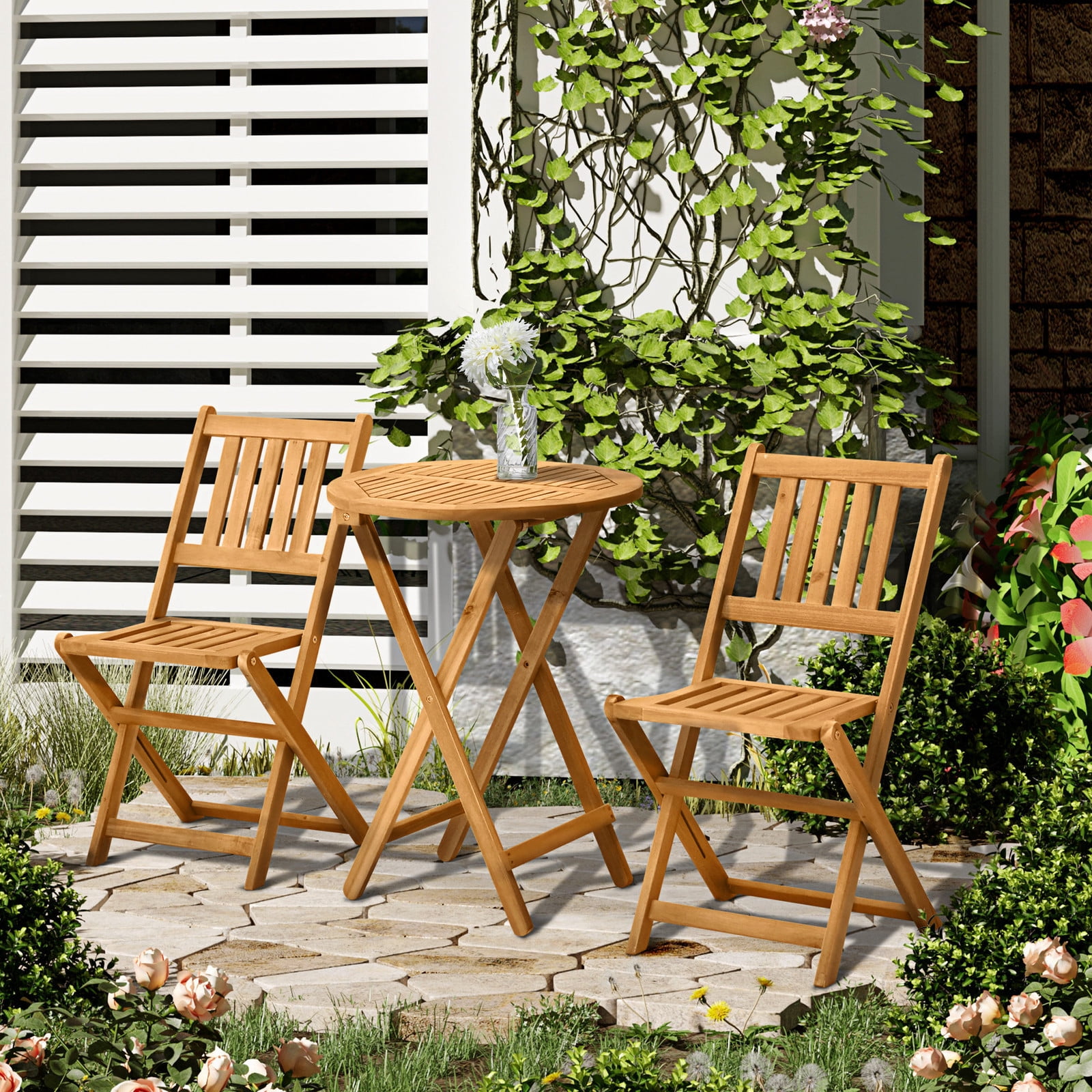 Tbboys 3-Piece Acacia Wood Bistro Set, Folding Patio Furniture with 2 ...