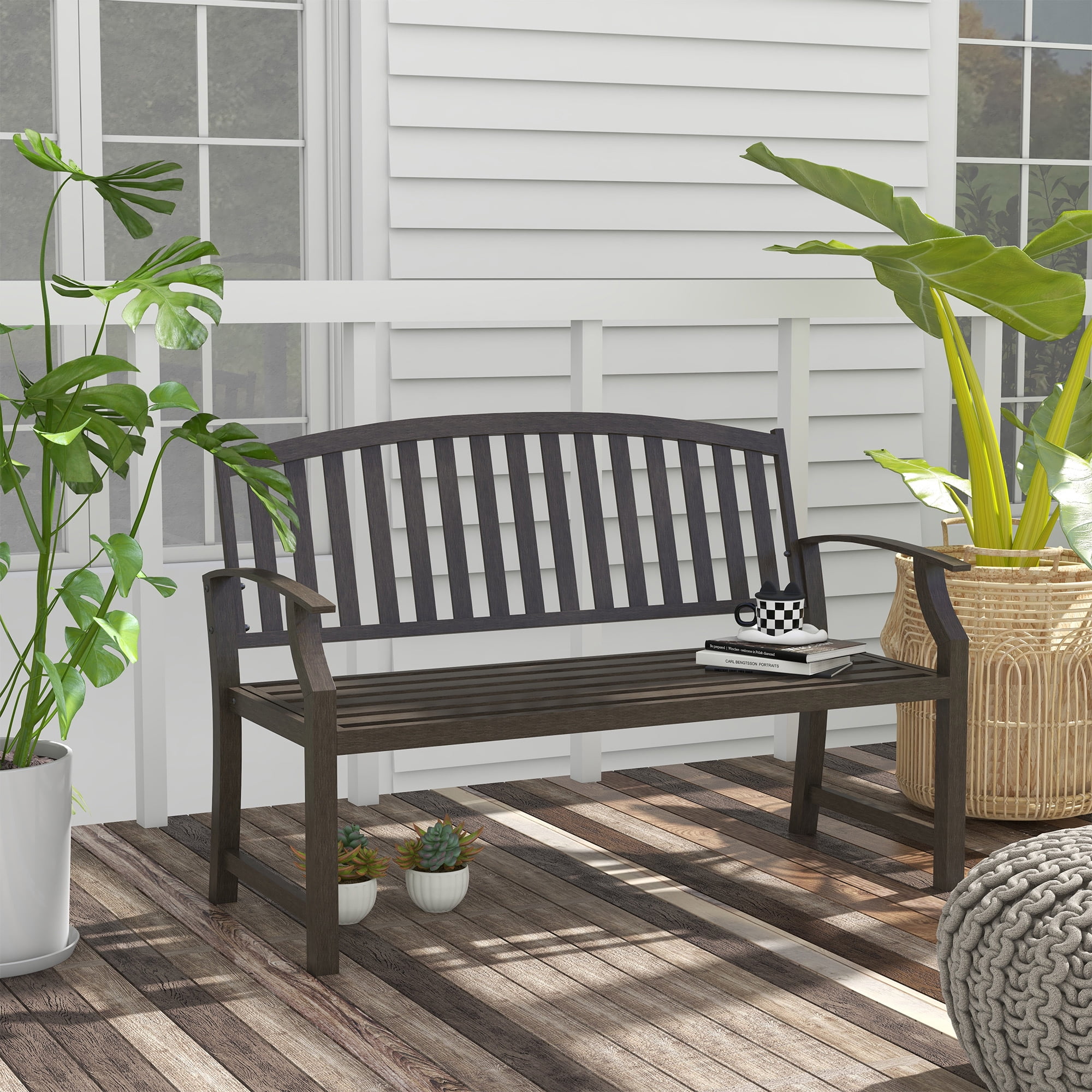 Tbboys 46" Outdoor Garden Bench, Metal Bench, Wood Look Slatted Frame ...