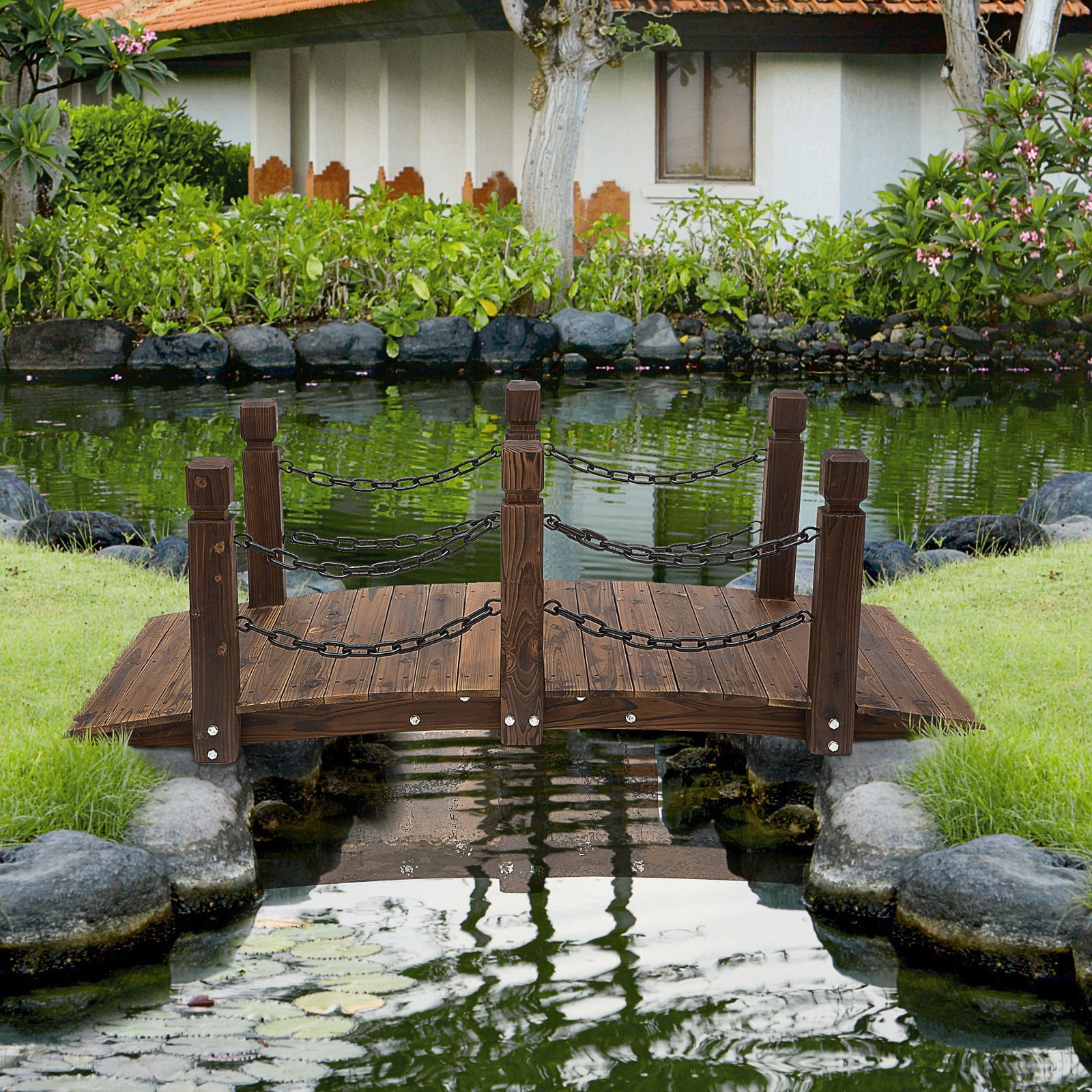 Tbboys 5 FT Wooden Garden Bridge, Stained Wood Arc Footbridge with ...