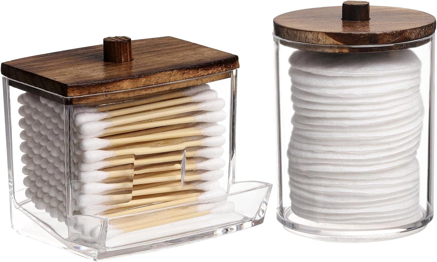 Qtips Holder Bathroom Container with Brown Wood Lids, 10/7 OZ Cotton ...
