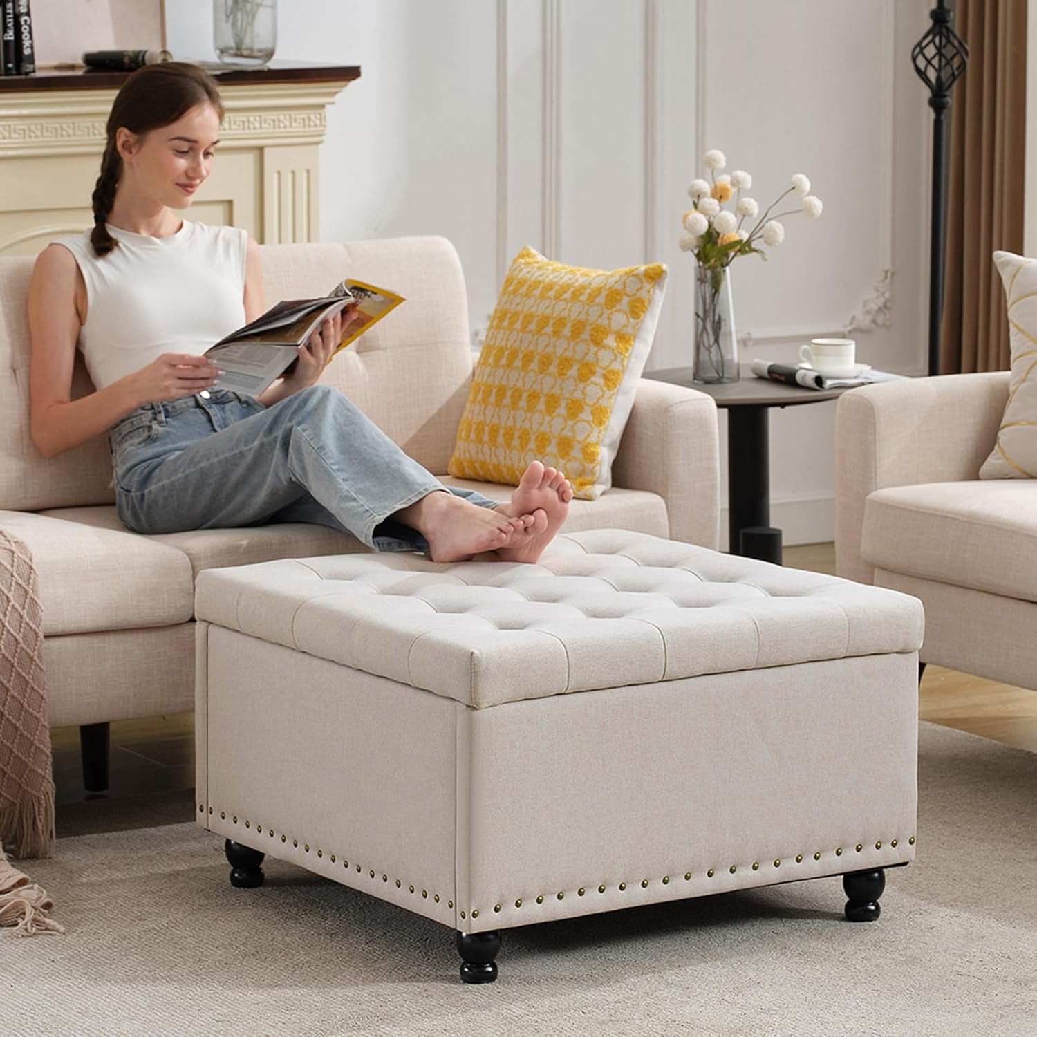 Tbfit Large Square Storage Ottoman Bench, Botton Tufted Upholstered ...